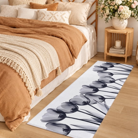 Area Rug 2x6ft Abstract Black Tulip Floral on White Low Pile Washable ...