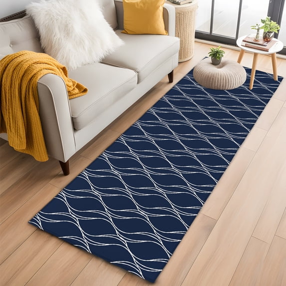 Area Rug 2x6ft Abstract Navy Blue Waves Line Area Rugs Washable Low ...