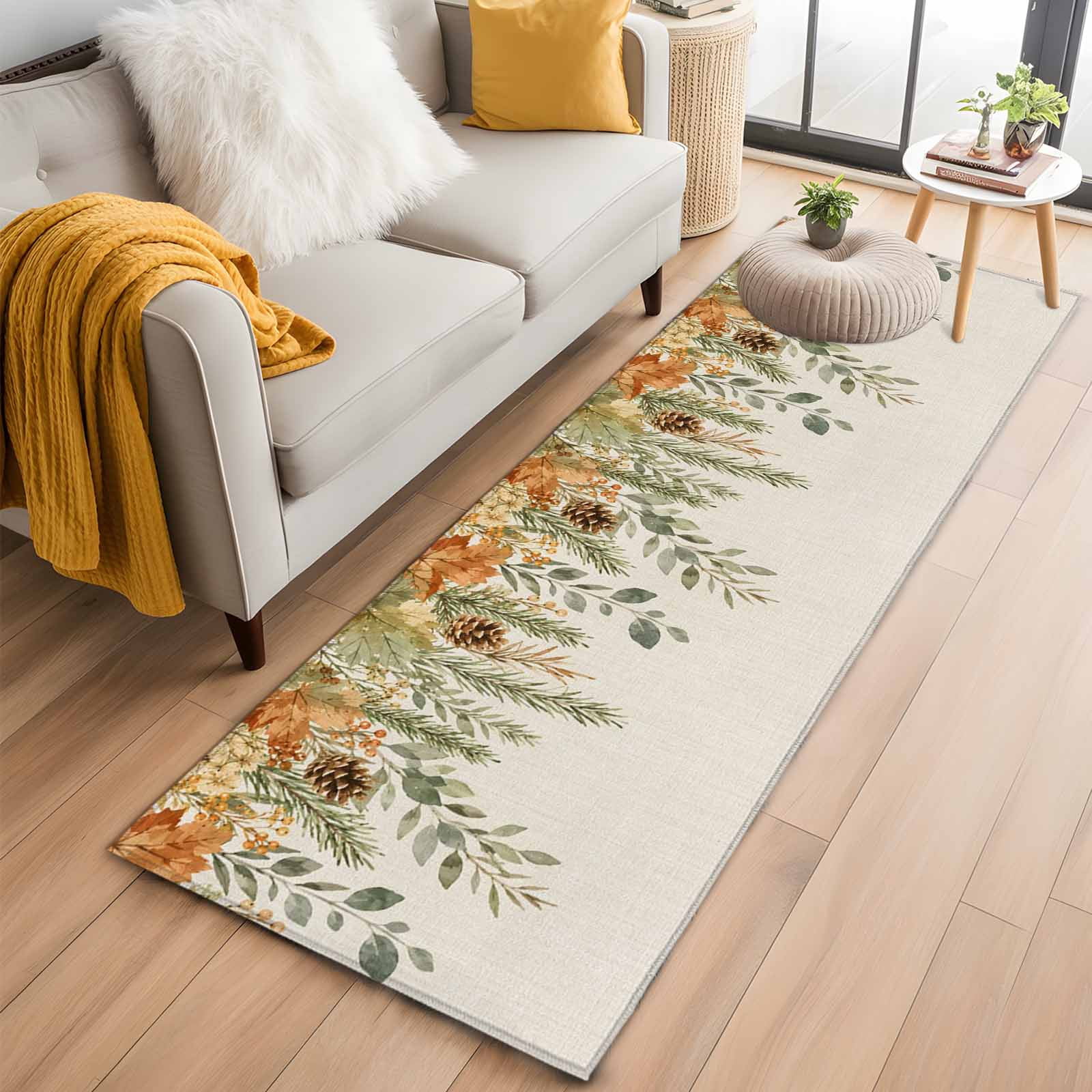 Area Rug 2x6ft Autumn Eucalyptus Leaf Retro Linen Area Rugs Washable ...