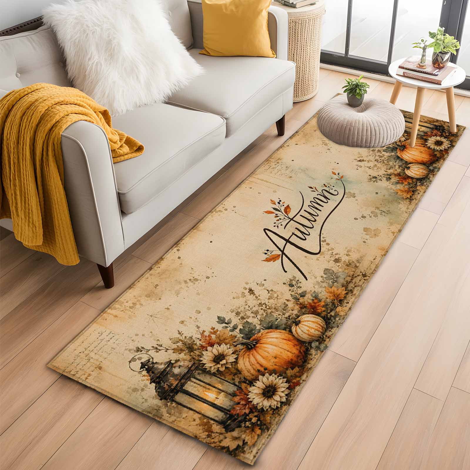 Area Rug 2x6ft Autumn Farm Pumpkins Sunflowers Area Rugs Washable Low ...
