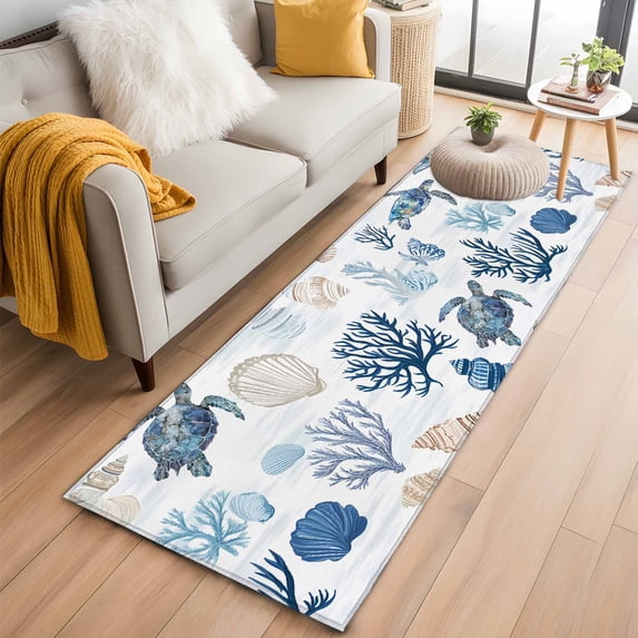 Area Rug 2x6ft Blue Coral Shell Sea Turtle Seamless Area Rugs Washable ...