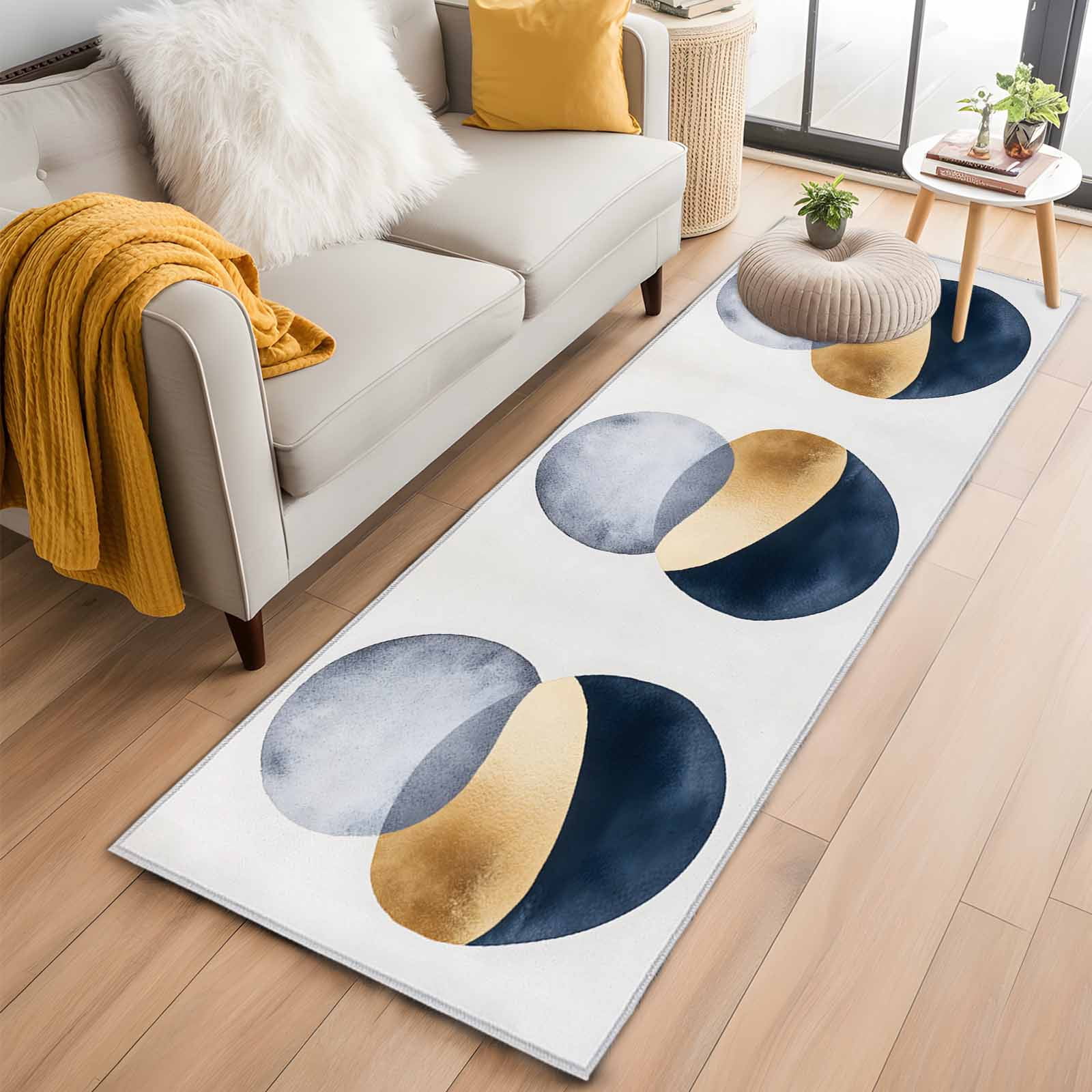 Area Rug 2x6ft Blue Gold Gray Color Block Area Rugs Washable Low Pile ...