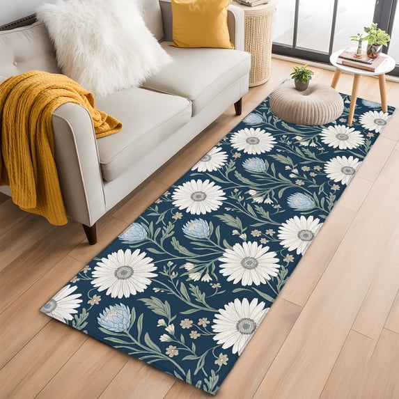 Area Rug 2x6ft Bohemian White Blue Flowers Area Rugs Washable Low Pile ...
