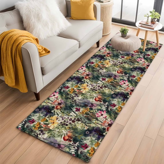 Area Rug 2x6ft Chic Watercolor Flowers Leaves Plant Area Rugs Washable ...