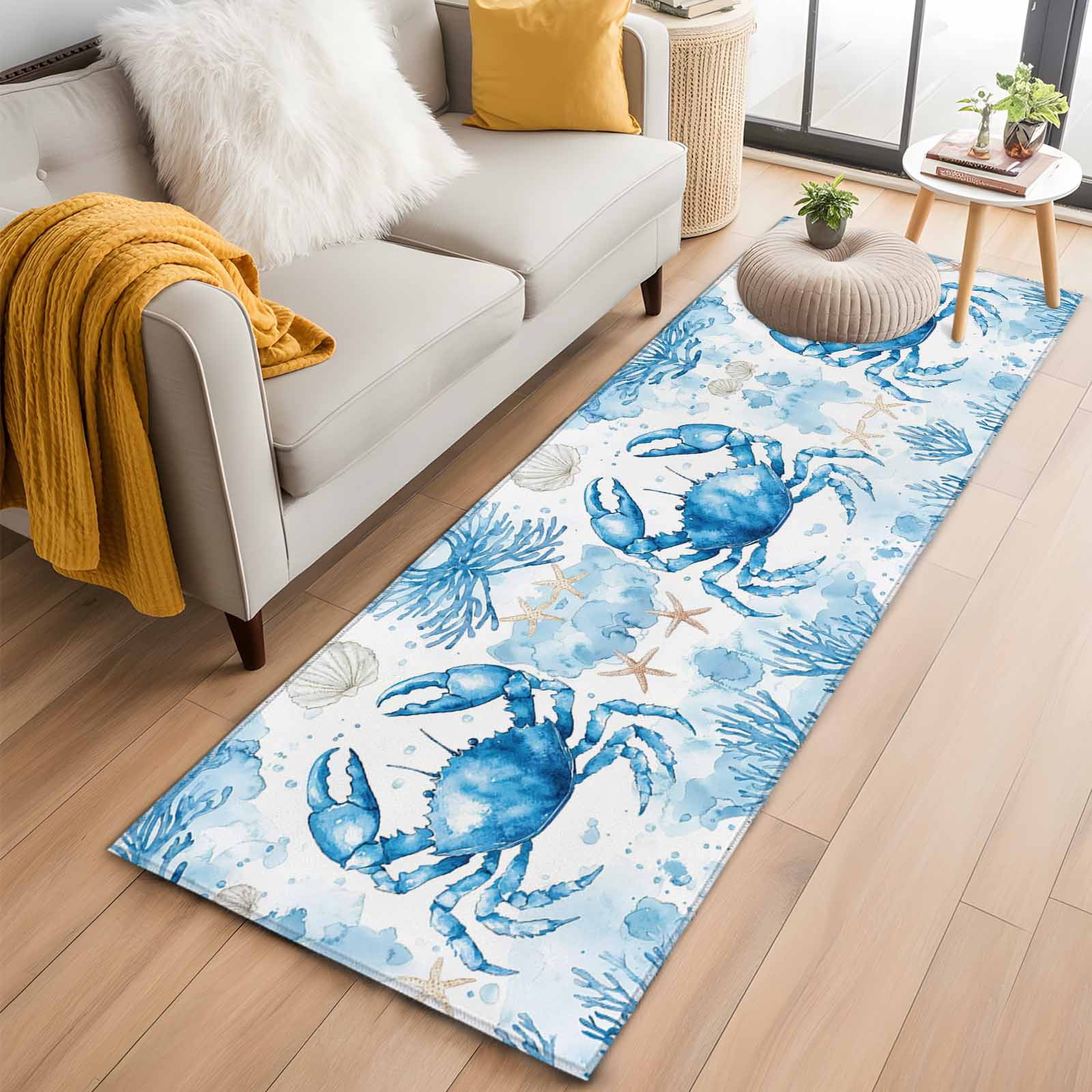 Area Rug 2x6ft Coastal Crab Blue Coral Area Rugs Washable Low Pile ...