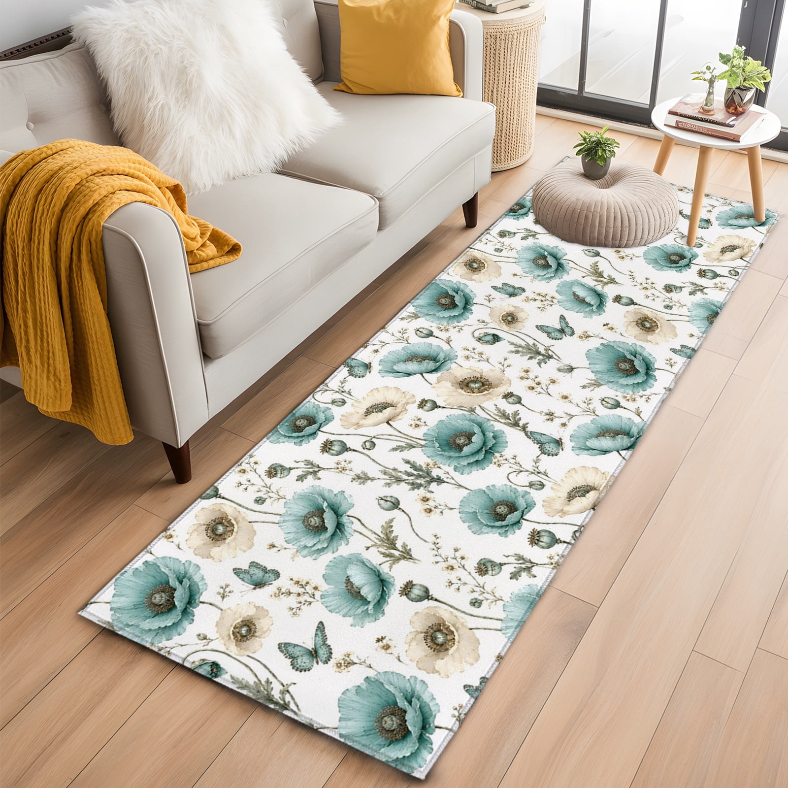 Area Rug 2x6ft Farmhouse Poppies Blossom Herb Area Rugs Washable Low ...