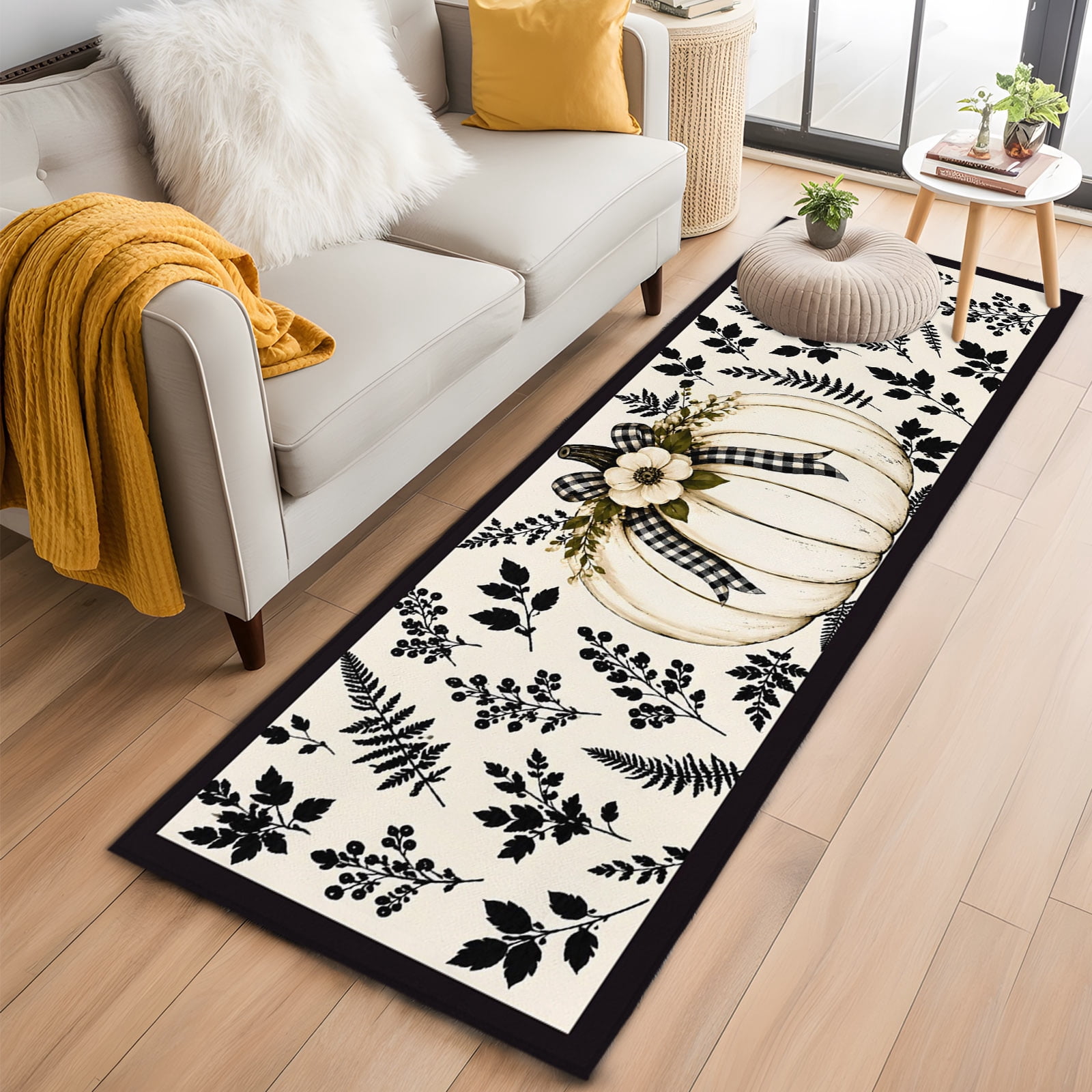 Area Rug 2x6ft Farmhouse White Pumpkin Area Rugs Washable Low Pile ...