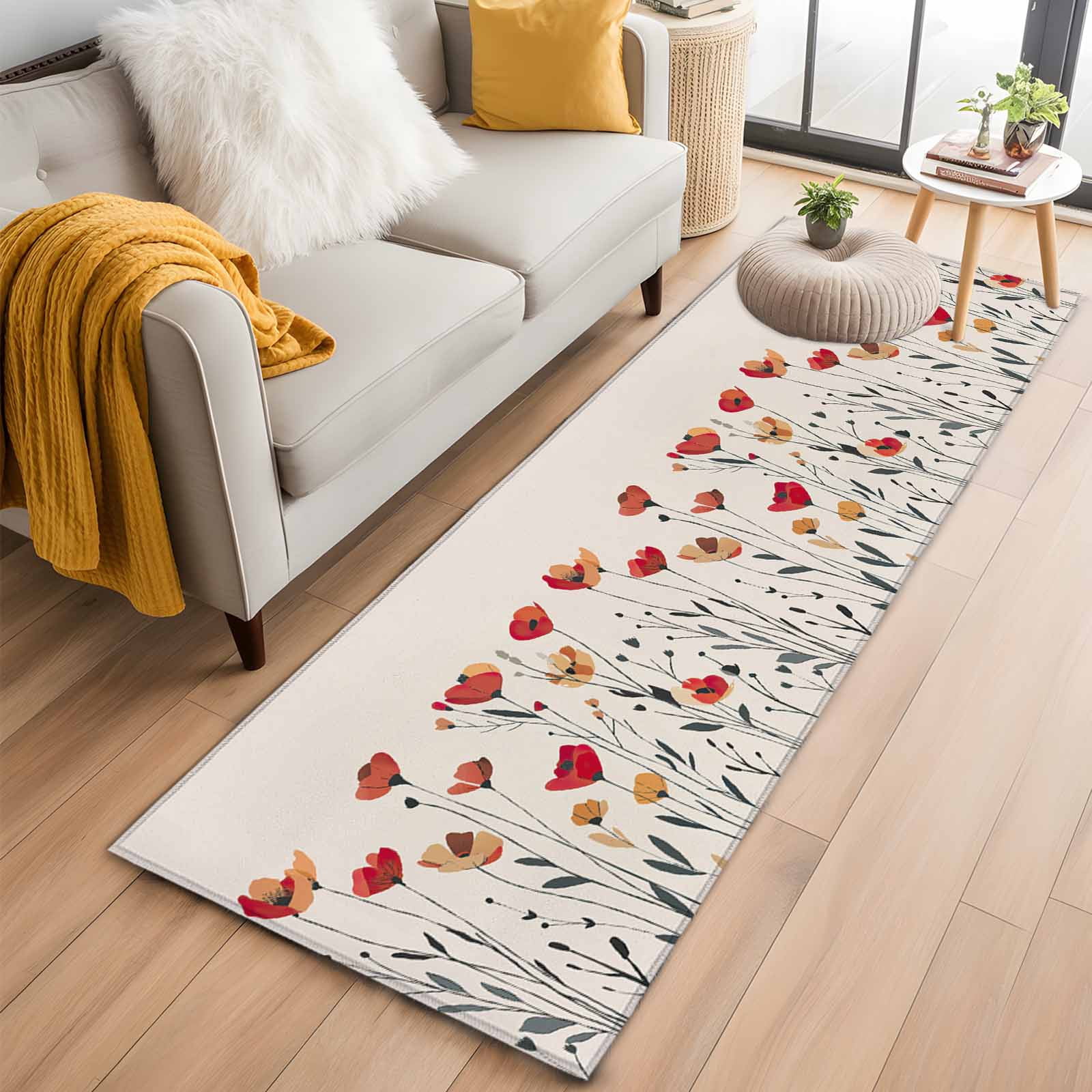 Area Rug 2x6ft Garden Blossom Flower Leaves Area Rugs Washable Low Pile ...