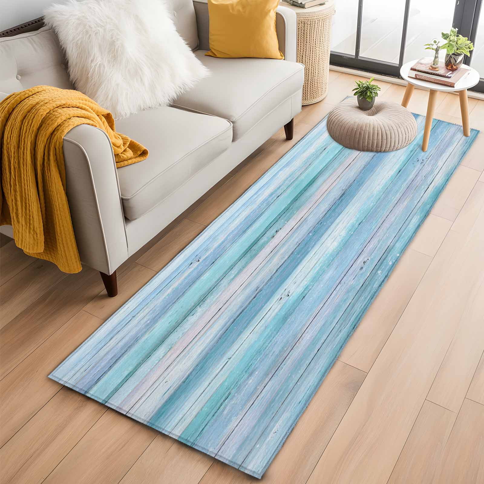 Area Rug 2x6ft Gradient Blue Ocean Retro Plank Area Rugs Washable Low ...