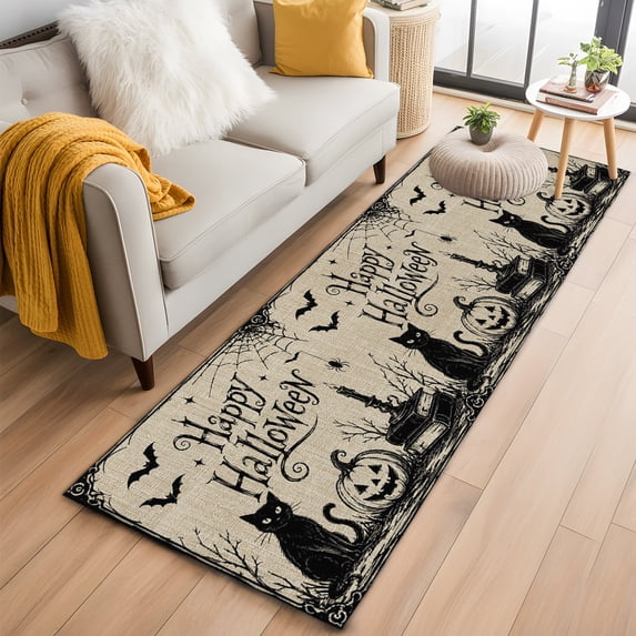Area Rug 2x6ft Happy Halloween Black Cat Smile Pumpkins Area Rugs ...