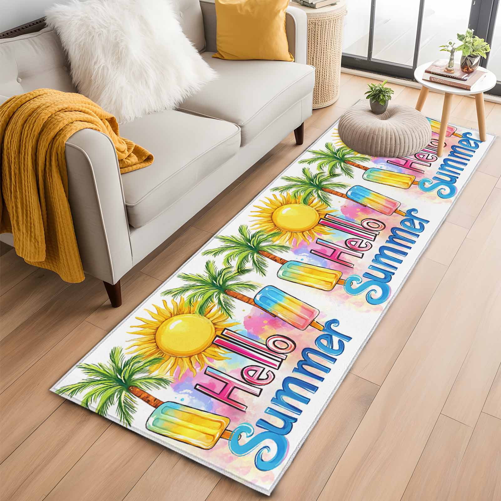 Area Rug 2x6ft Hello Summer Text Sun Palm Tree Area Rugs Washable Low ...