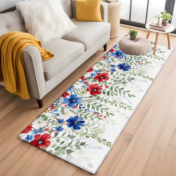 Area Rug 2x6ft Independence Day Blue Red Flower Area Rugs Washable Low ...