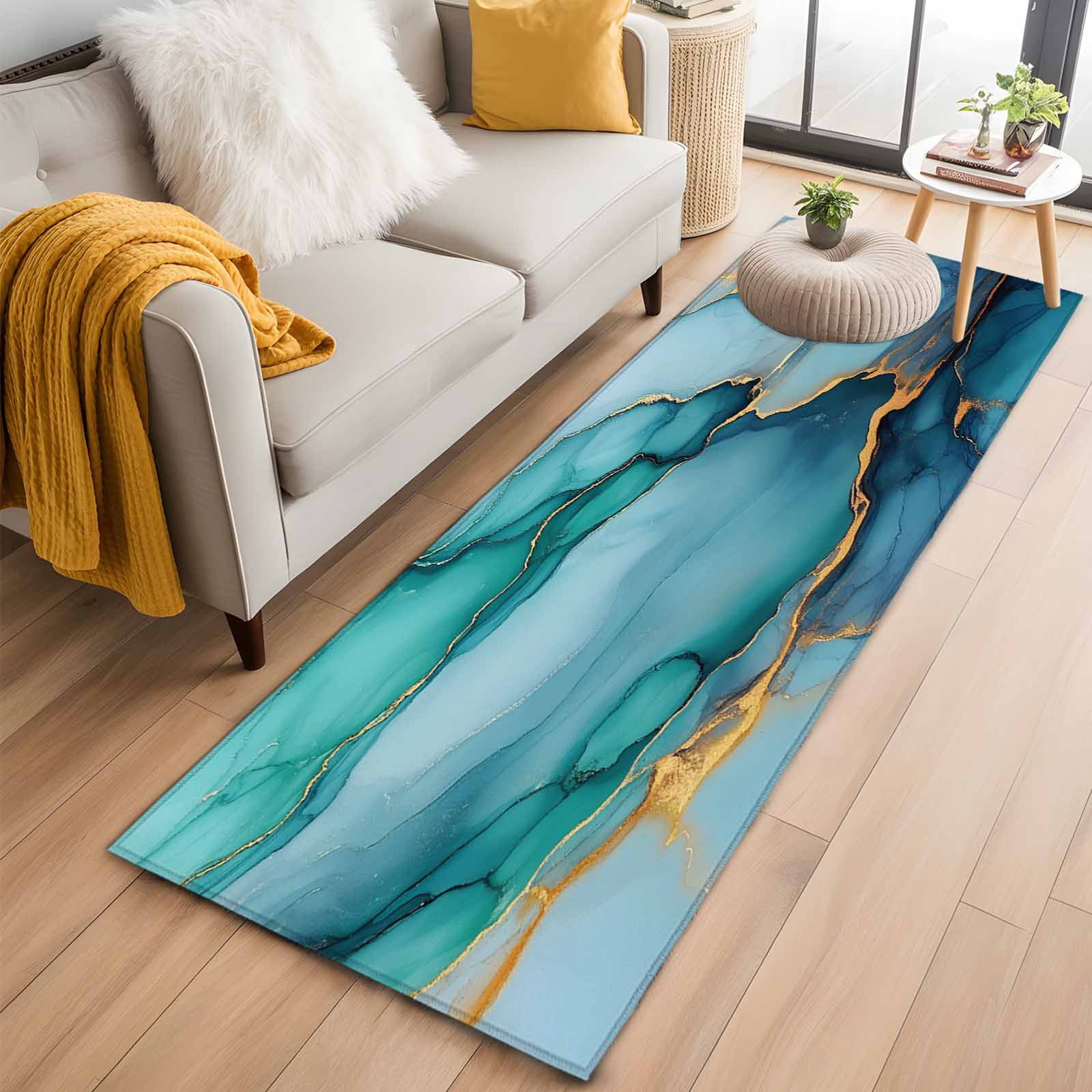 Area Rug 2x6ft Marble Water Ripple Teal Gradient Area Rugs Washable Low ...