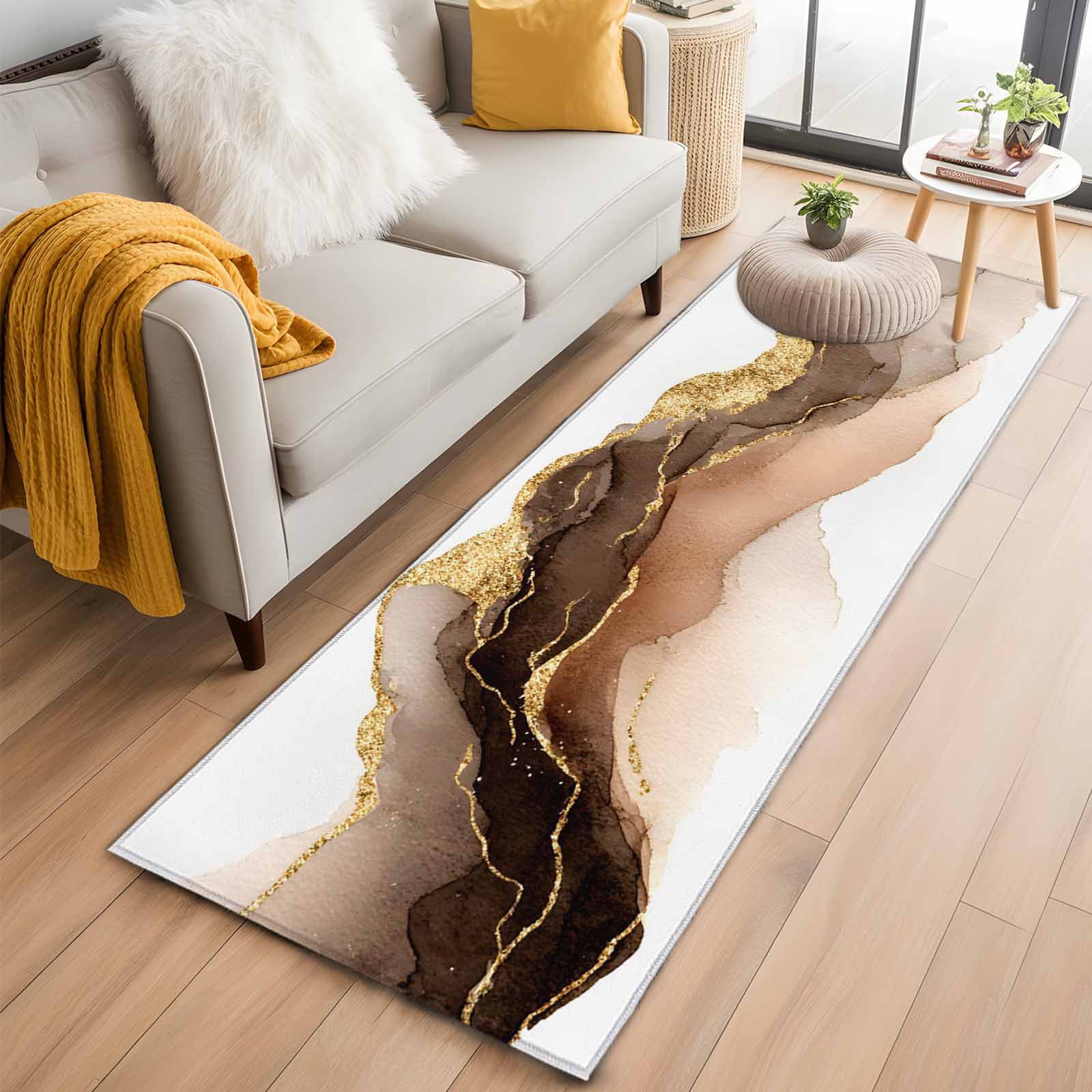 Area Rug 2x6ft Modern Brown Gold Marble Texture Area Rugs Washable Low ...