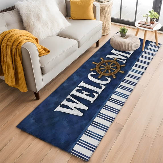 Area Rug 2x6ft Nautical Compass Welcome Text Area Rugs Washable Low ...