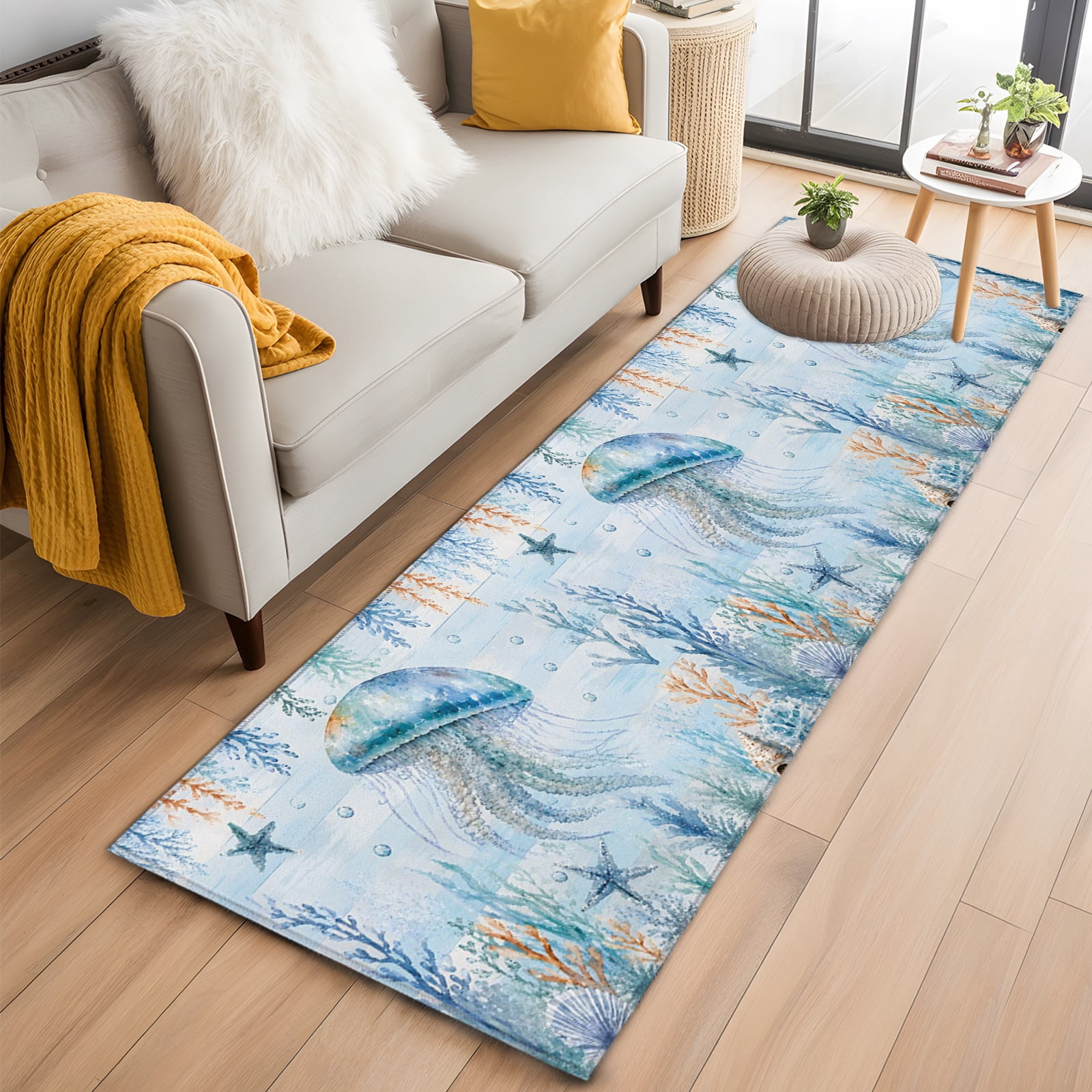 Area Rug 2x6ft Ocean Jellyfish Starfish Seashells Area Rugs Washable ...