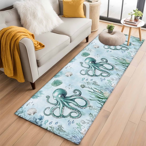 Area Rug 2x6ft Ocean Octopus Shell Seaweed Area Rugs Washable Low Pile ...
