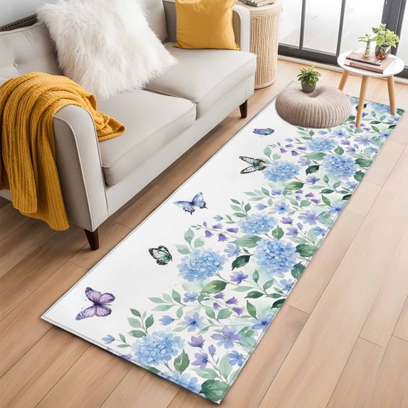 Area Rug 2x6ft Pastoral Blue Hydrangea Green Leaf Area Rugs Washable ...