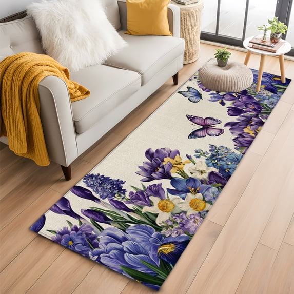 Area Rug 2x6ft Pastoral Flower Retro Linen Area Rugs Washable Low Pile ...