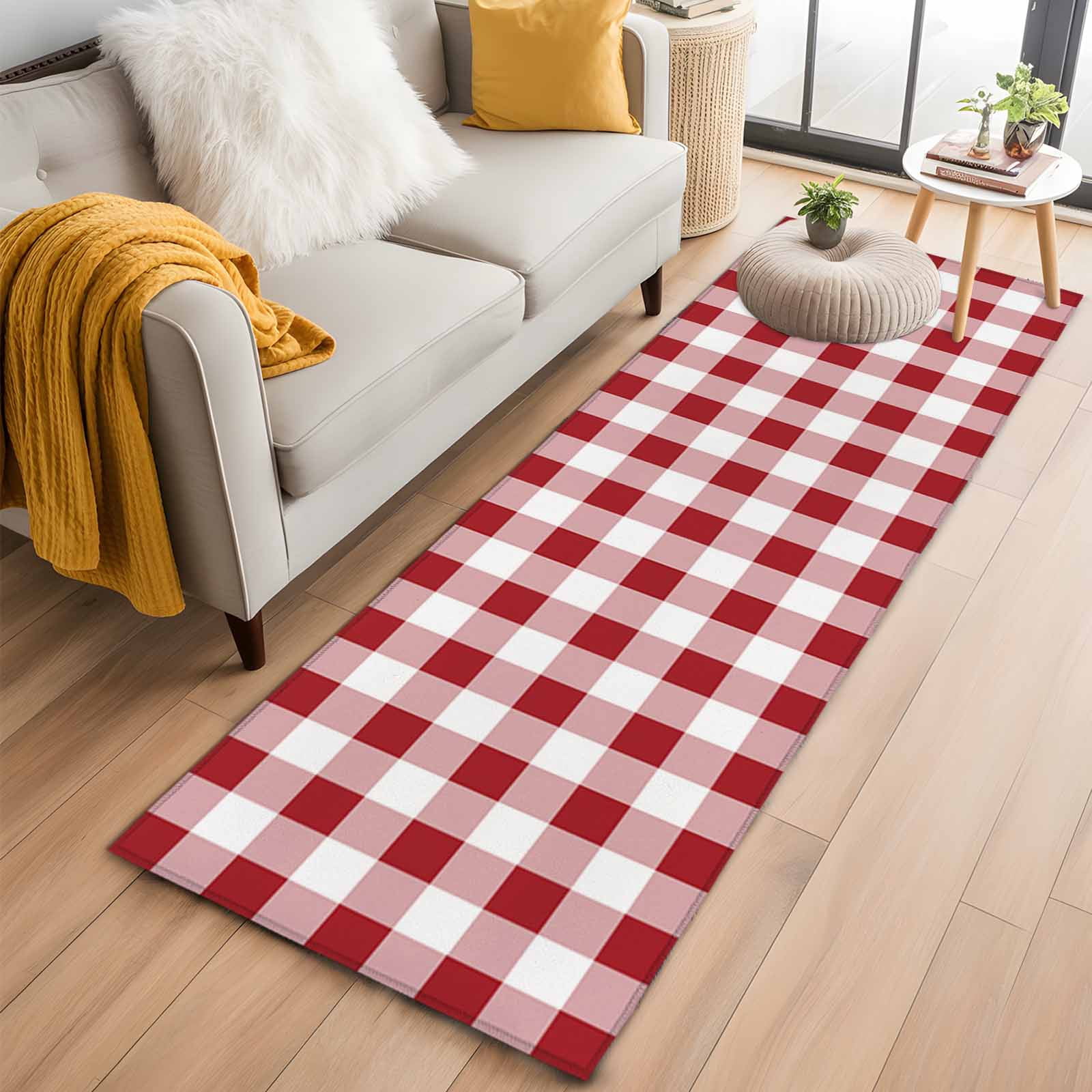 Area Rug 2x6ft Red Pink and White Plaid Area Rugs Washable Low Pile ...