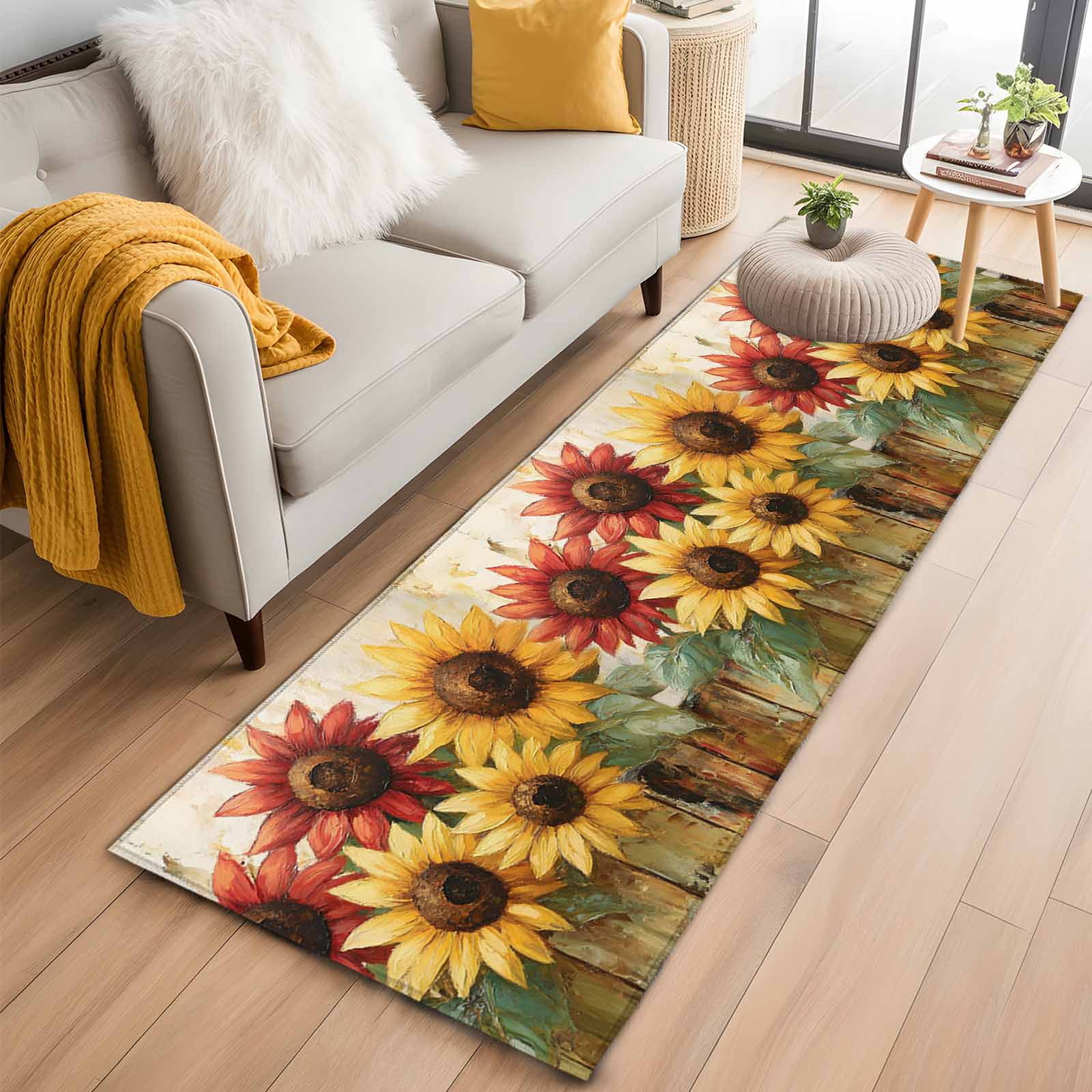 Area Rug 2x6ft Retro Farmhouse Red Yellow Sunflower Area Rugs Washable ...