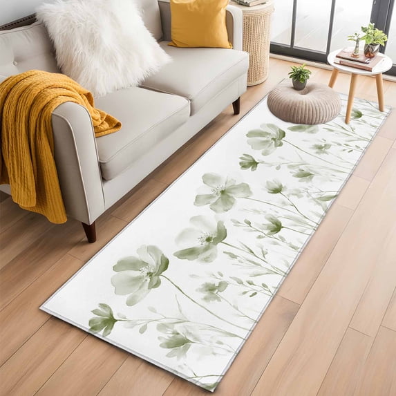 Area Rug 2x6ft Sage Green Flower on White Area Rugs Washable Low Pile ...