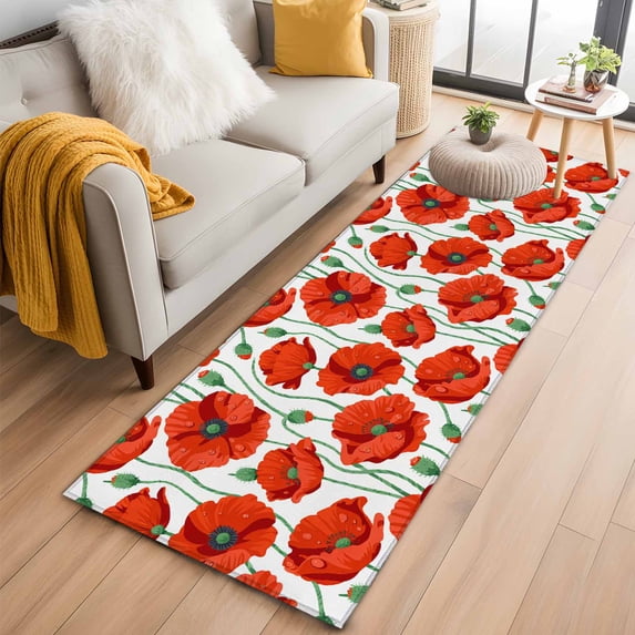 Area Rug 2x6ft Spring Red Poppy Flower with Drop Area Rugs Washable Low ...