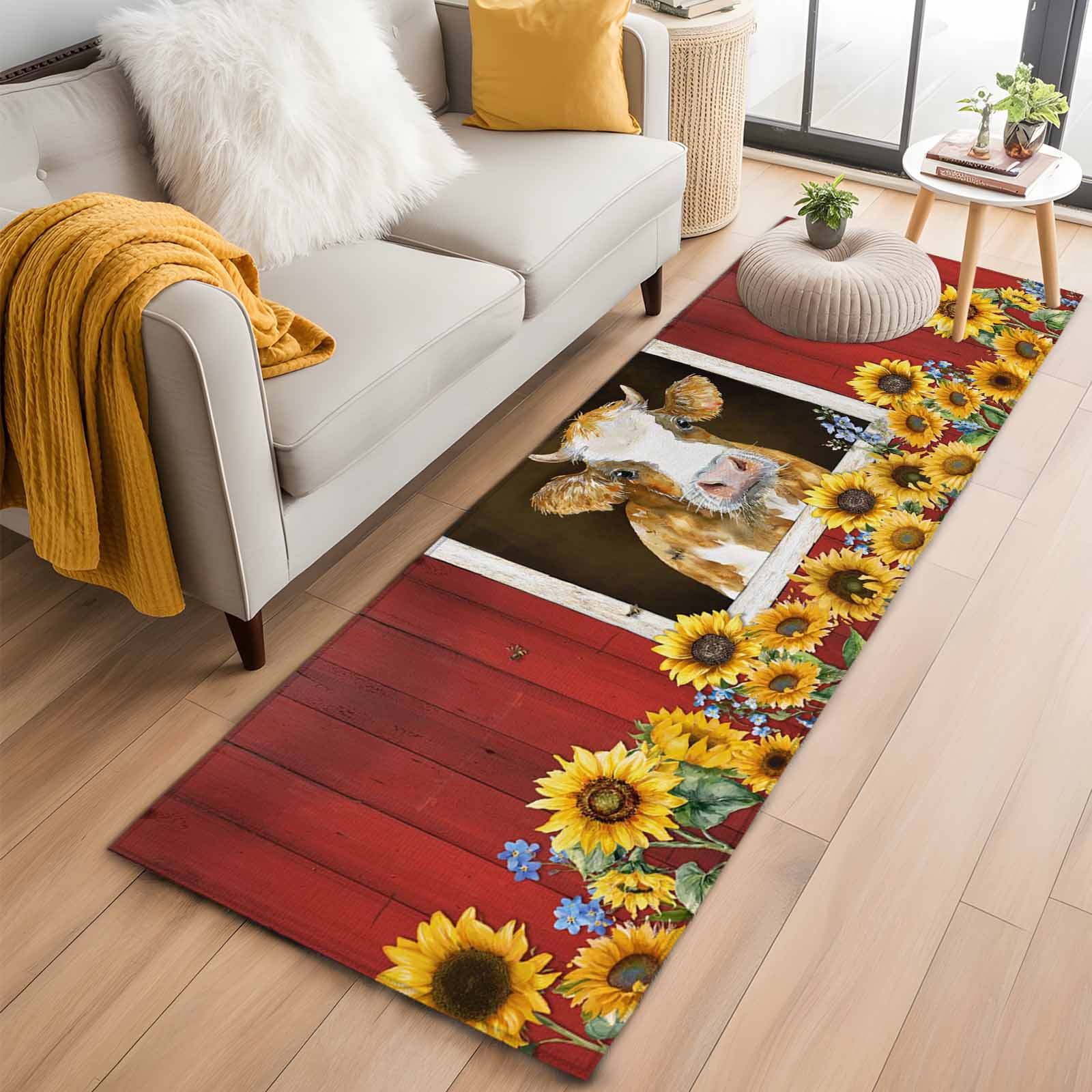 Area Rug 2x6ft Sunflower Cow Carpets Indoor Floor Area Mat Washable ...