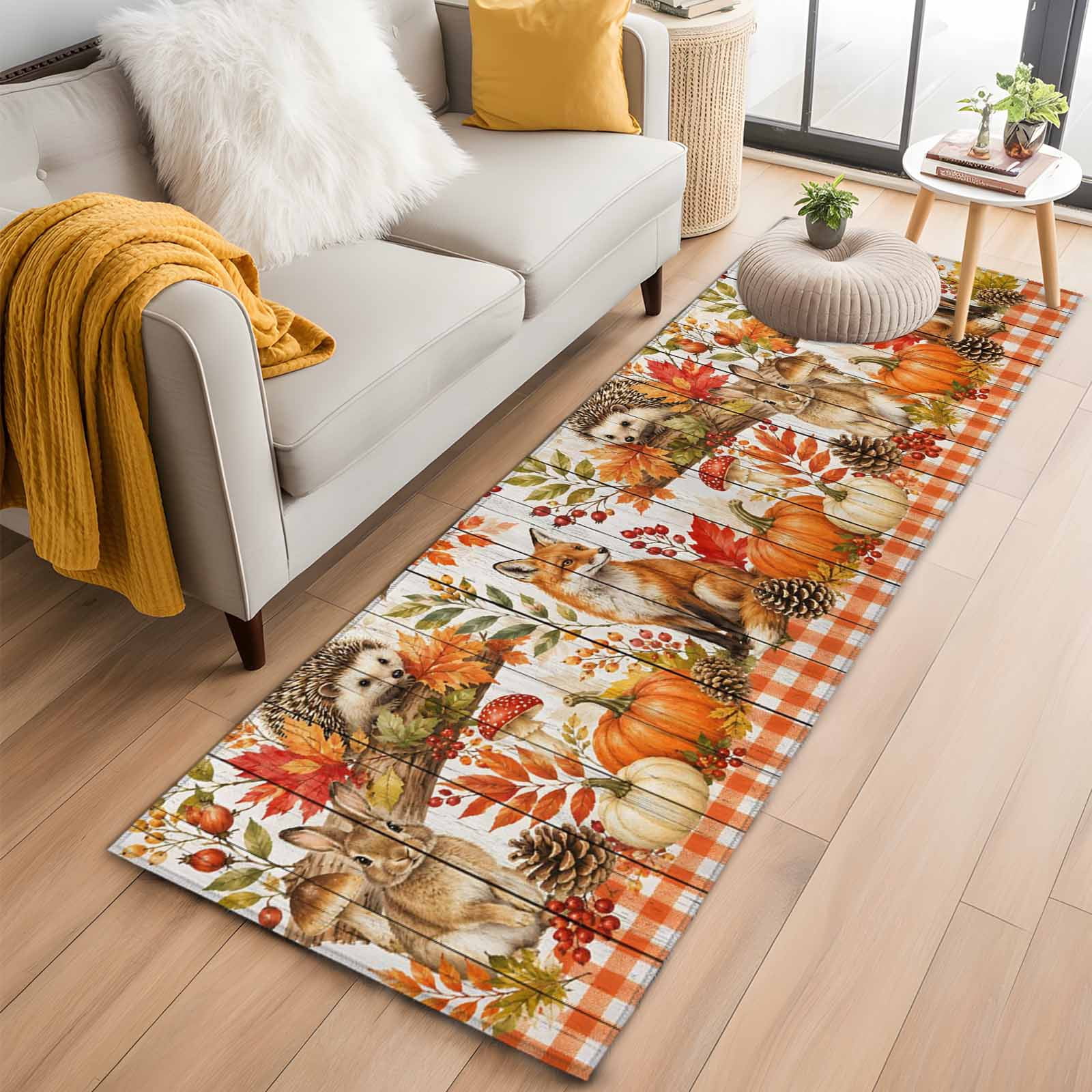 Area Rug 2x6ft Thanksgiving Red Fox Rabbit Hedgehog Area Rugs Washable ...