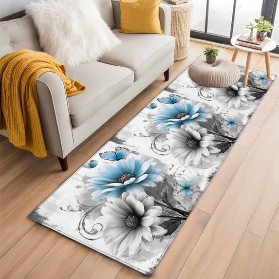 Area Rug 2x6ft Vintage Watercolor Gray Blue Sunflower Area Rugs ...