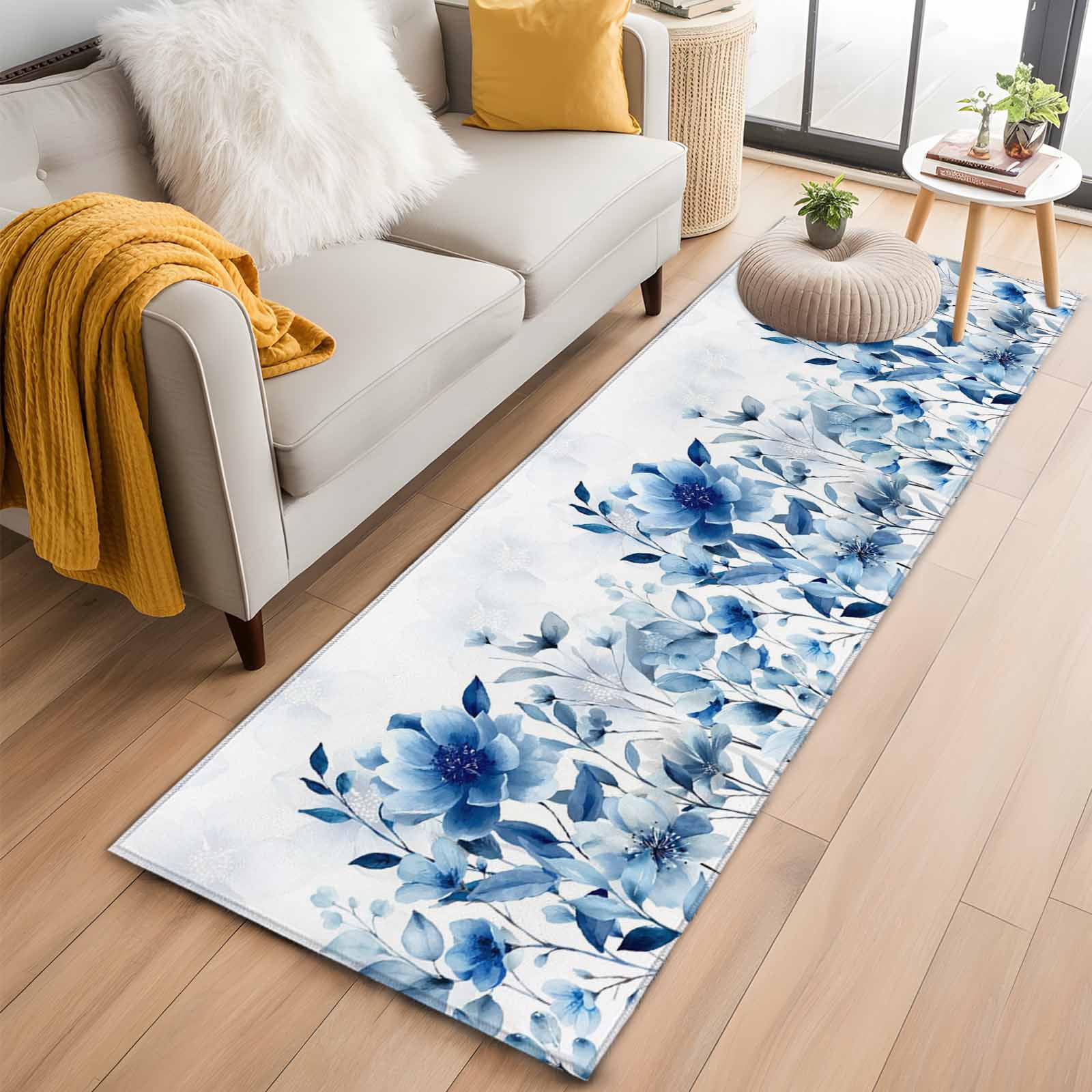 Area Rug 2x6ft Watercolor Blue Flower Area Rugs Washable Low Pile Floor ...