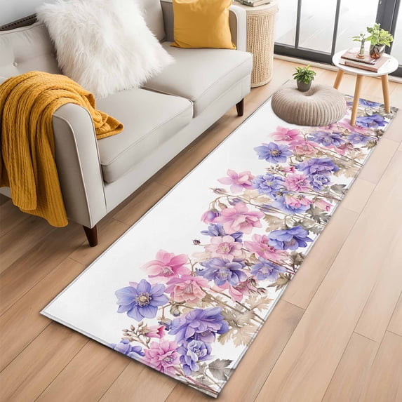 Area Rug 2x6ft Watercolor Garden Purple Pink Flower Area Rugs Washable ...