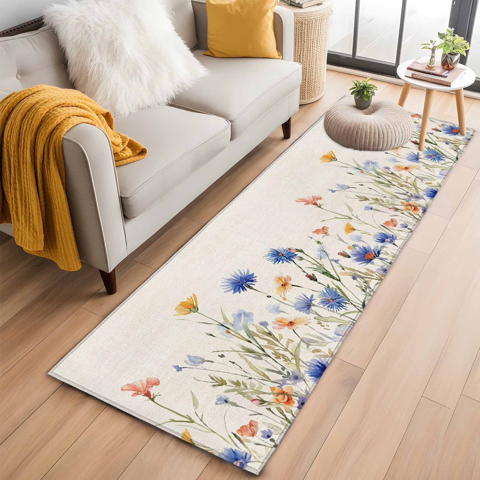 Area Rug 2x6ft Watercolor Pastoral Blue Floral Area Rugs Washable Low ...