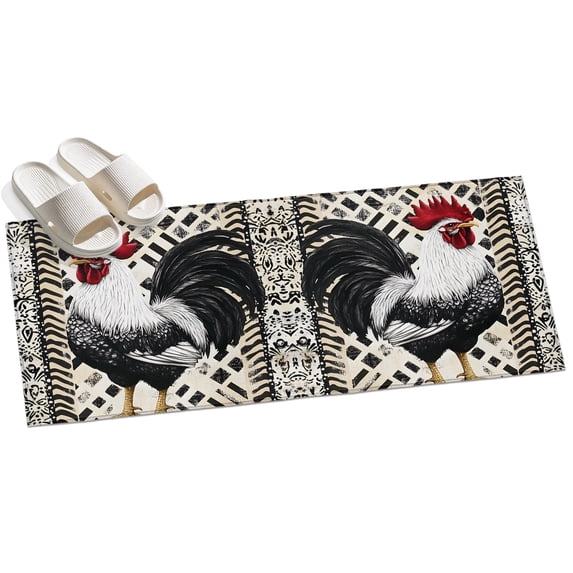 Area Rug 2x6ft White Black Rooster Flowers Area Rugs for Kitchen Runner ...