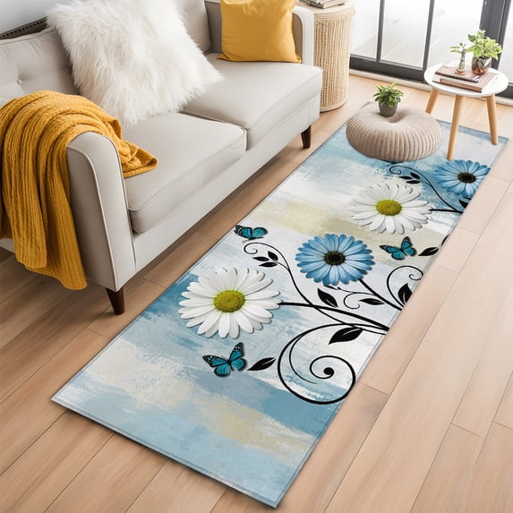 Area Rug 2x6ft White Blue Bright Floral Daisy Area Rugs Washable Low ...