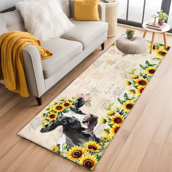 Area Rug 2x6ft Yellow Sunflower Cow Carpets Indoor Floor Area Mat ...