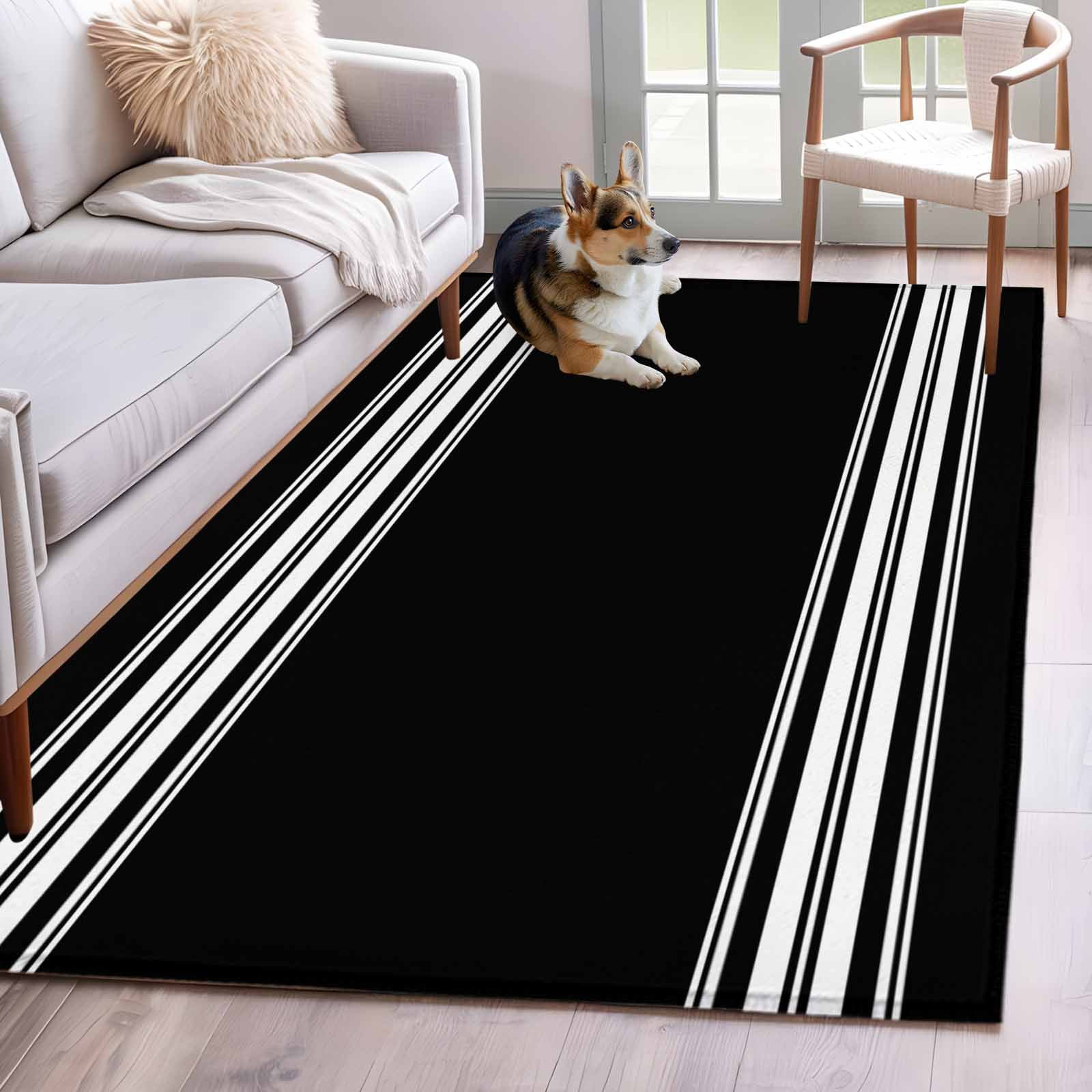 Area Rug 3'x5', Black Striped Non-slip Runner Rug Carpet for Bedside ...