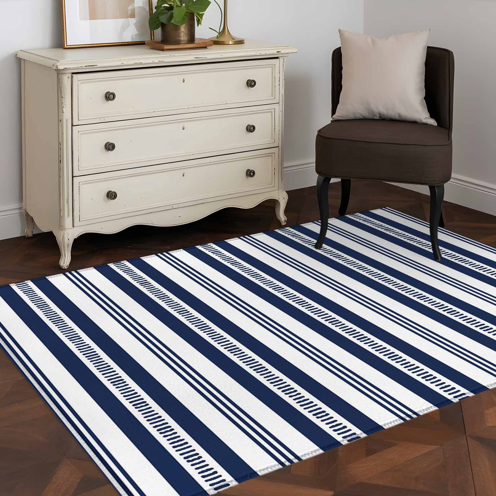 Area Rug 36×60in, Coastal Navy Blue Geometric Line Floor Carpet Living ...
