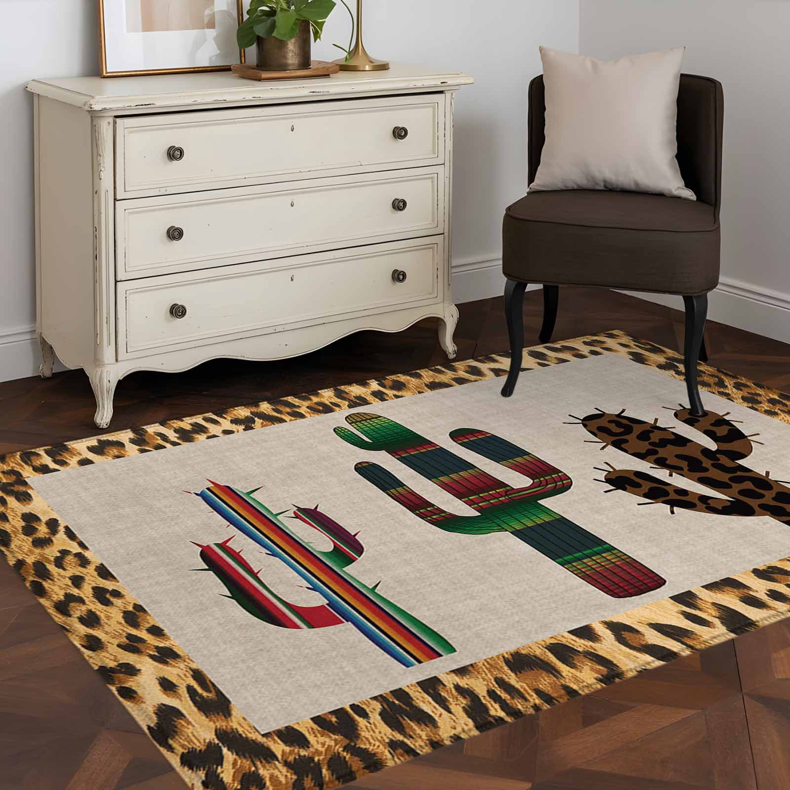 Area Rug 36×60in, Colorful Art Cactus on Linen Texture Floor Carpet ...