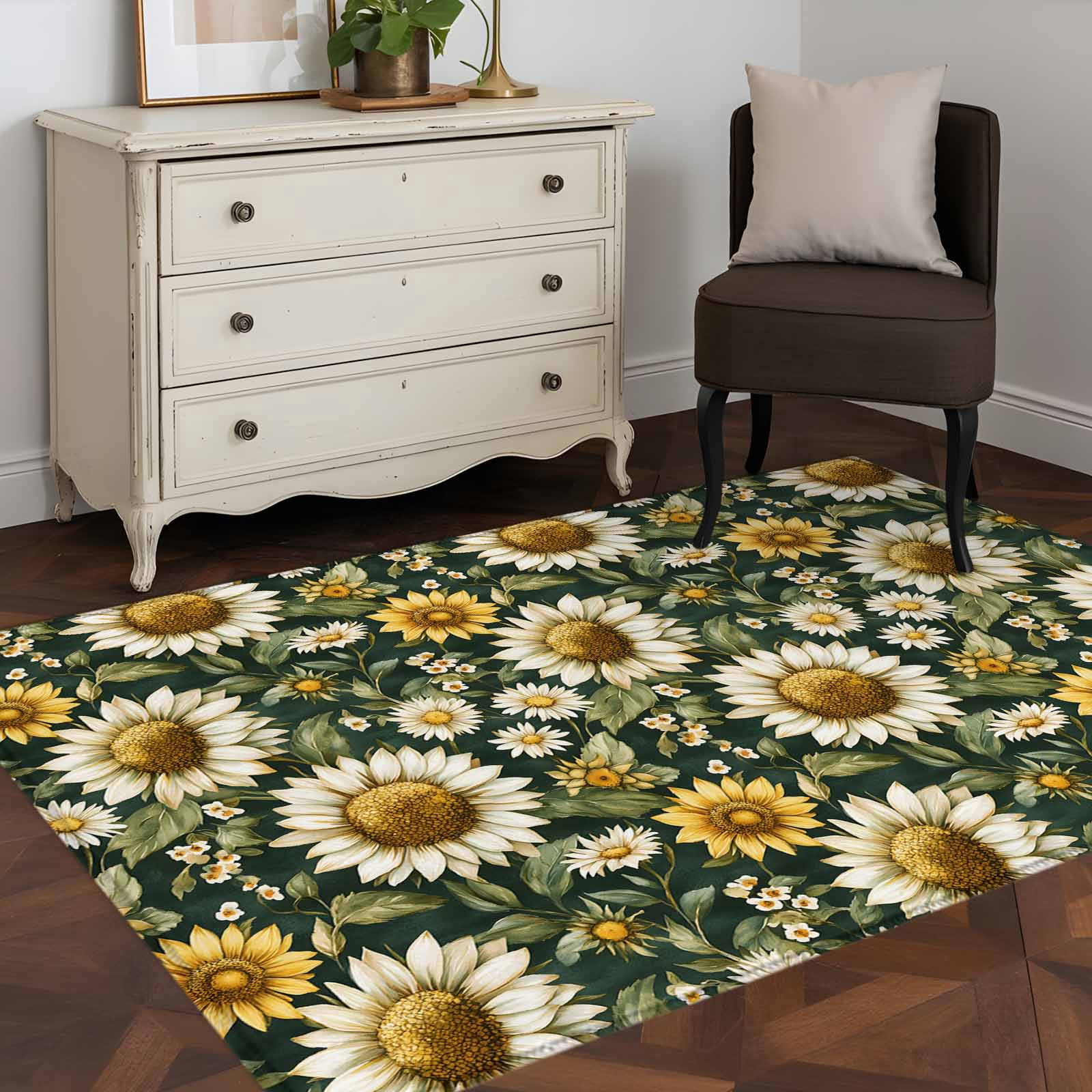 Area Rug 36×60in, Farm Blossom Sunflower Leaves Floor Carpet Living ...