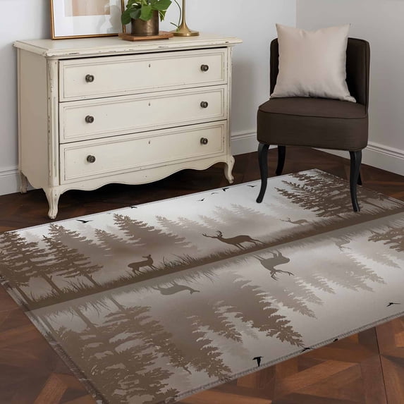 Area Rug 36×60in, Forest Elk Bird Tree Silhouette Floor Carpet Living ...