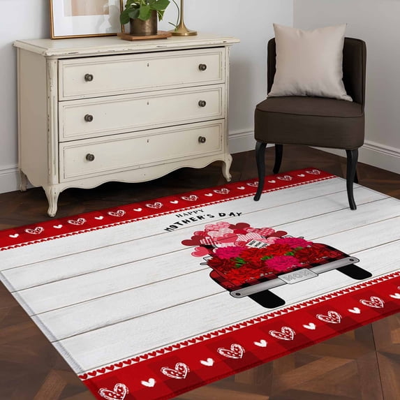 Area Rug 36×60in, Red Flower Heart Shapes Balloon Car on Wood Floor ...