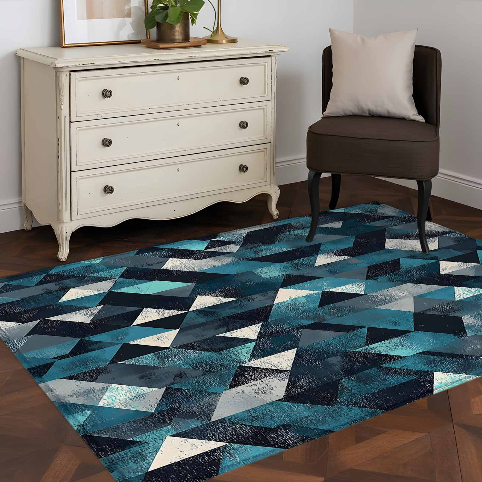 Area Rug 36×60in, Teal Blue Black Color Block Geometric Floor Carpet ...