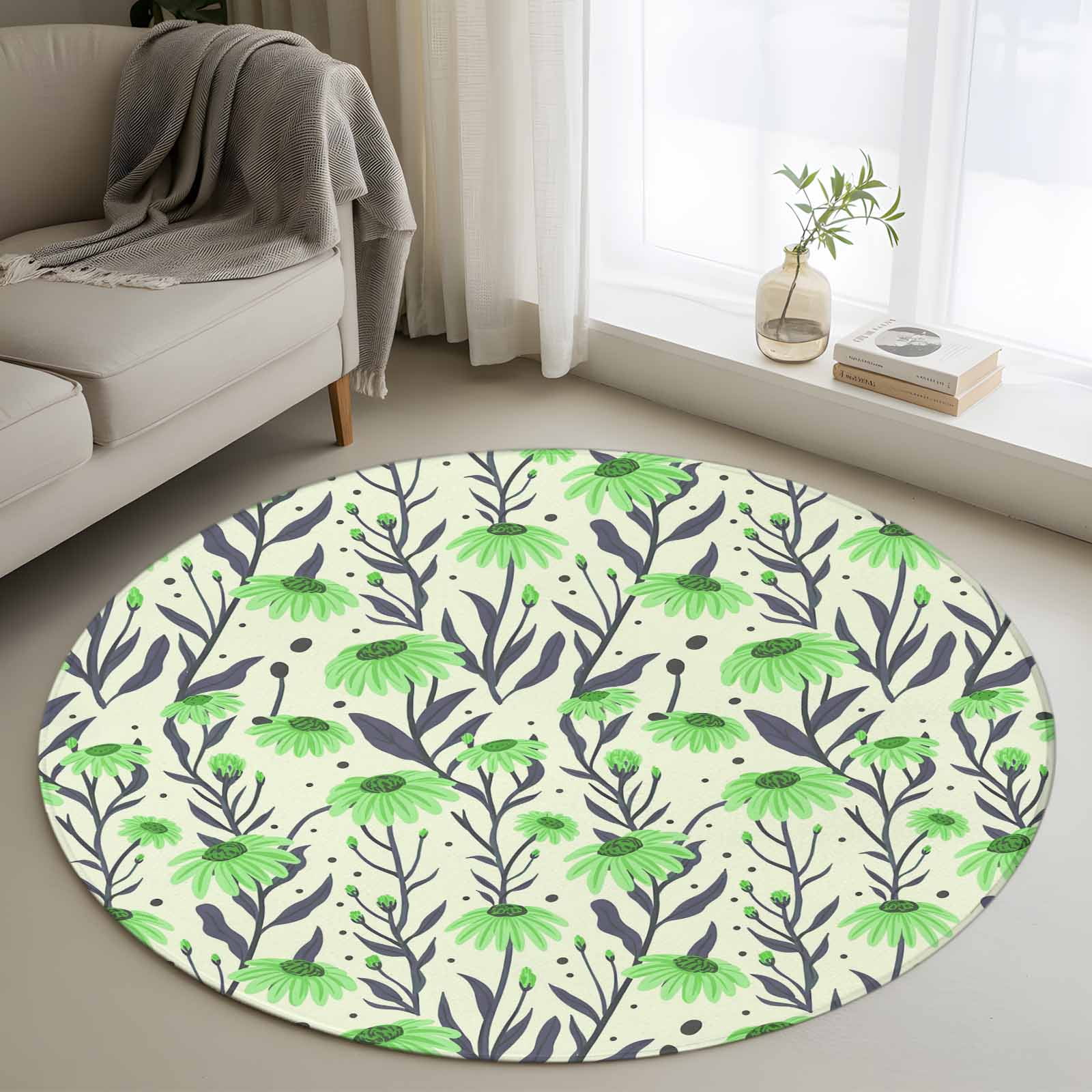 Area Rug 36in, Abstract Green Daisy Flower Floor Carpet Living Room Rug ...