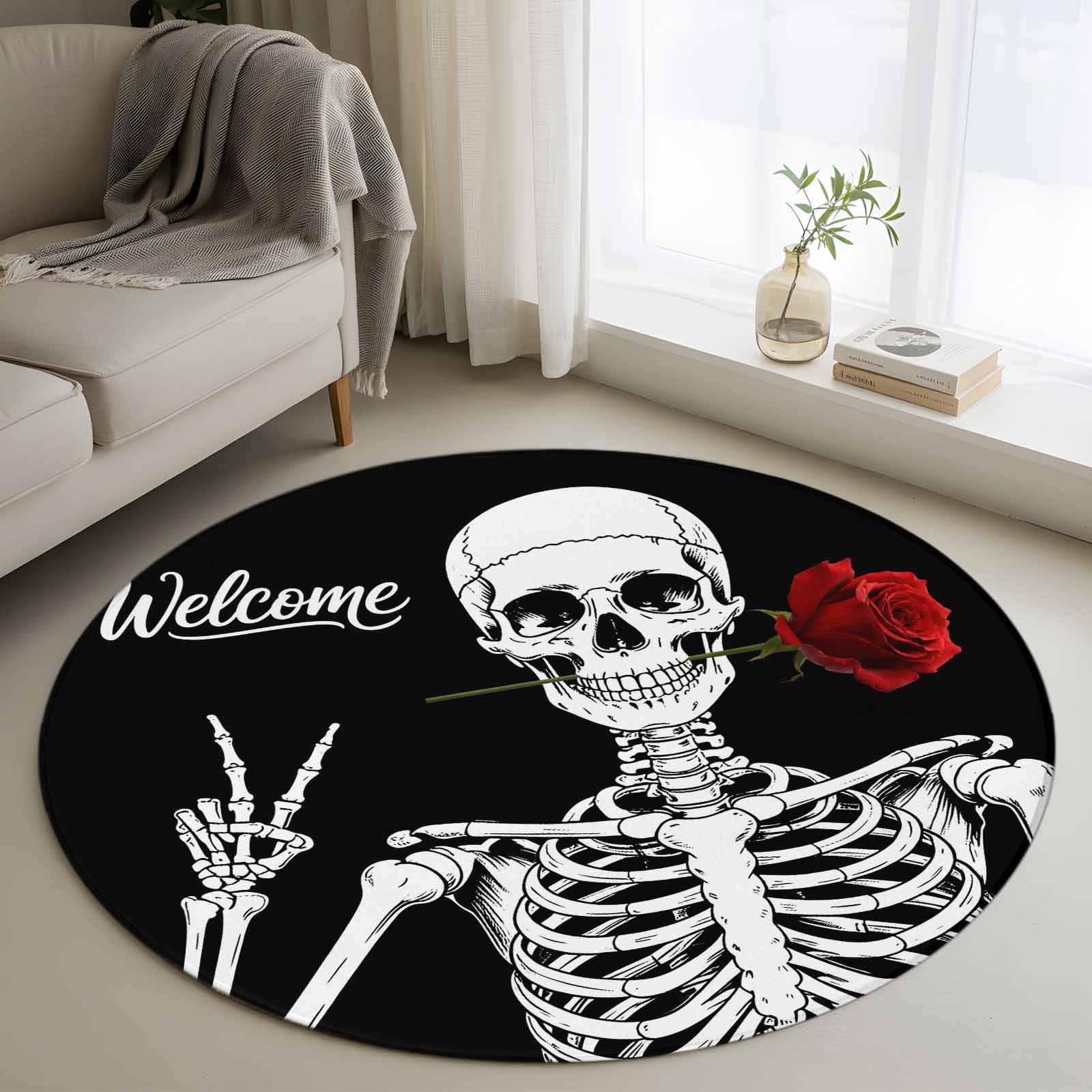 Area Rug 36in, Abstract Skull Skeletons Rose Floor Carpet Living Room ...