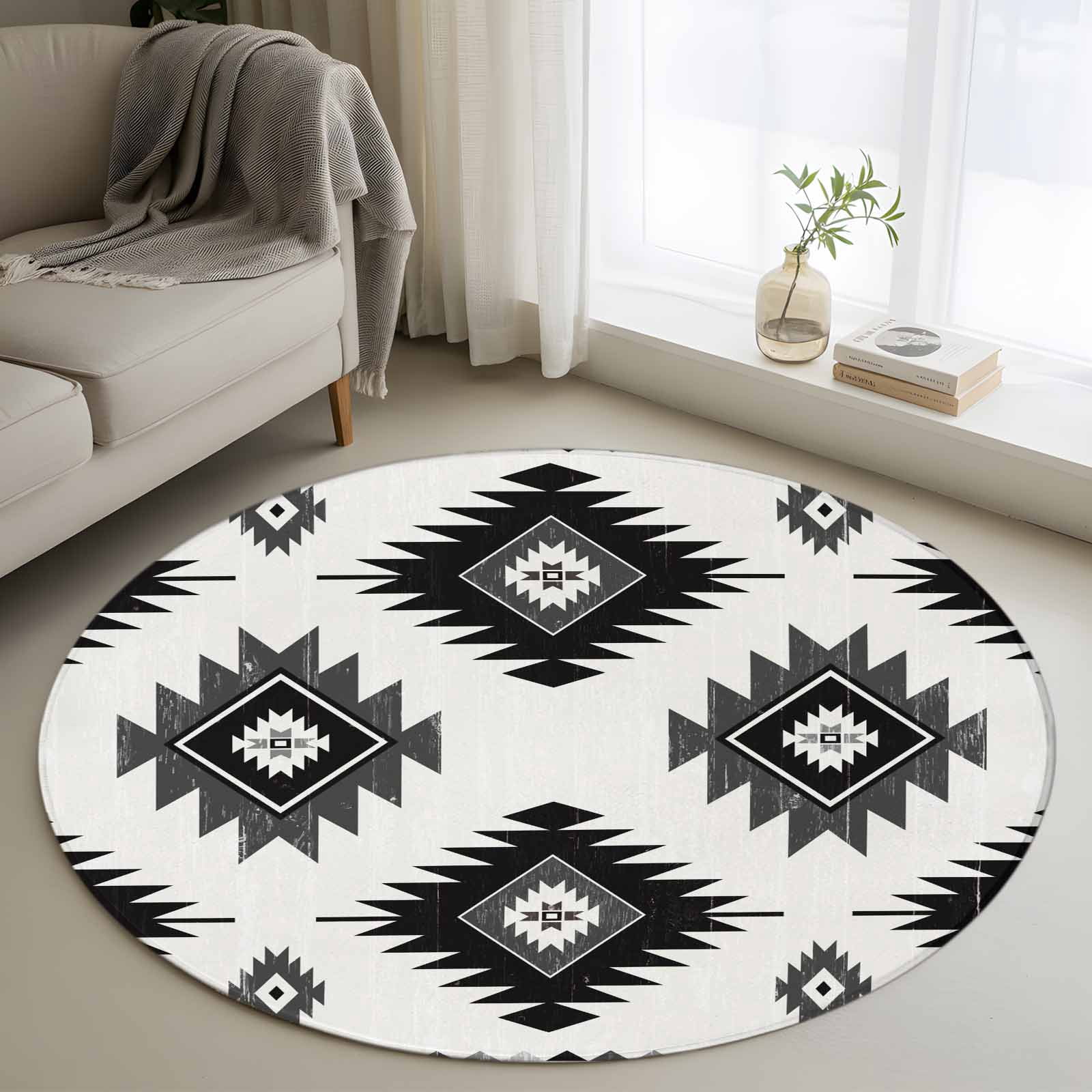 Area Rug 36in, Black Aztec Ethnic Style Floor Carpet Living Room Rug ...