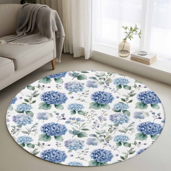 Area Rug 36in, Blue Flower Hydrangea Eucalyptus Leaf Floor Carpet ...