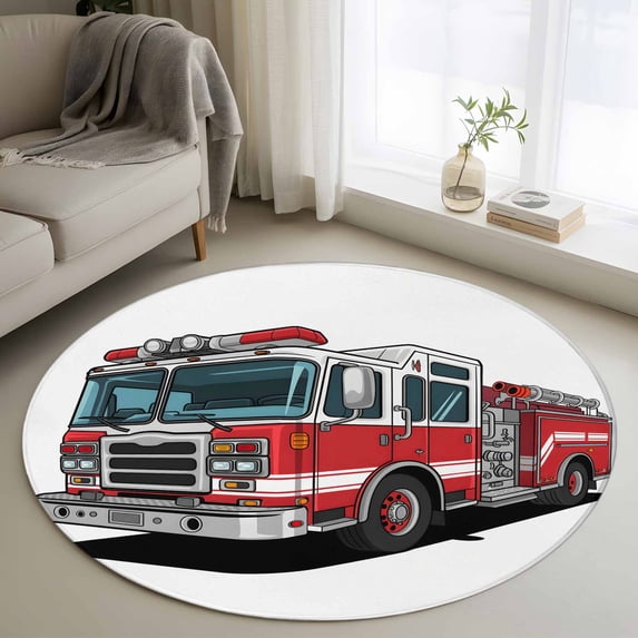 Area Rug 36in, Cartoon Fire Truck Red Grey Car Floor Carpet Living Room ...