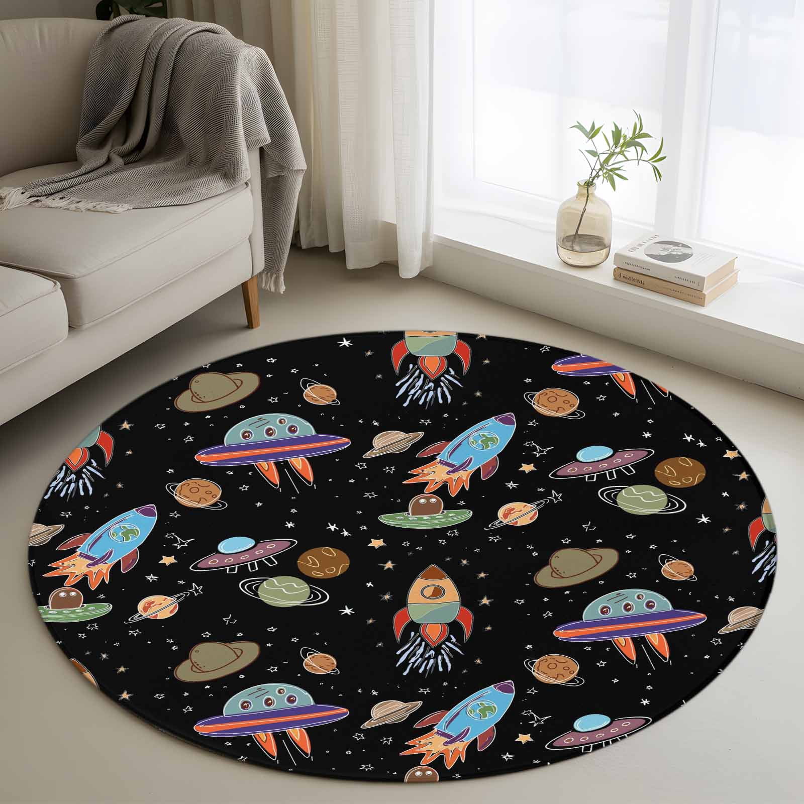 Area Rug 36in, Cartoon Rocket Space Planet Floor Carpet Living Room Rug ...