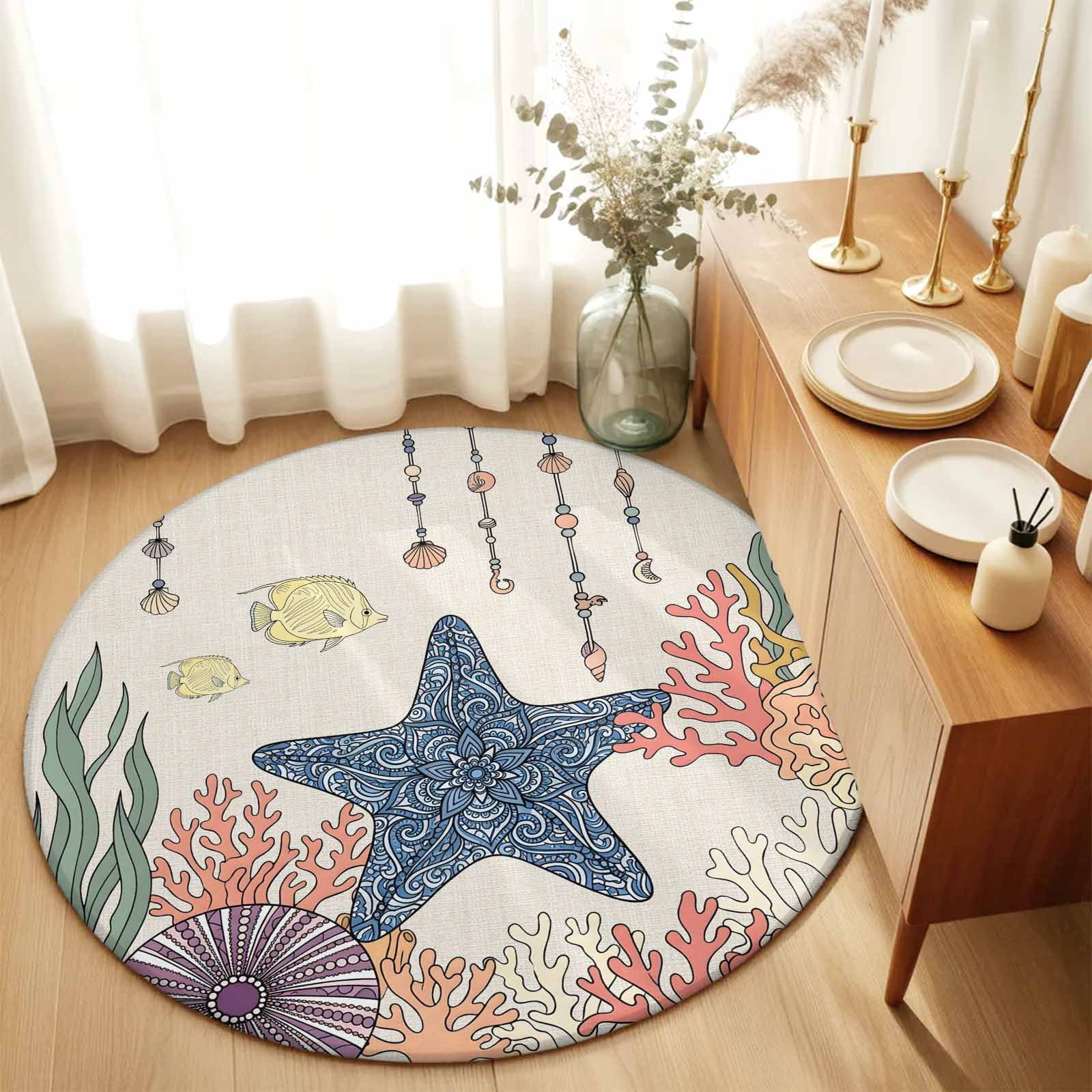 Area Rug 36in, Coastal Ocean Starfish Fish Floor Carpet Living Room Rug ...